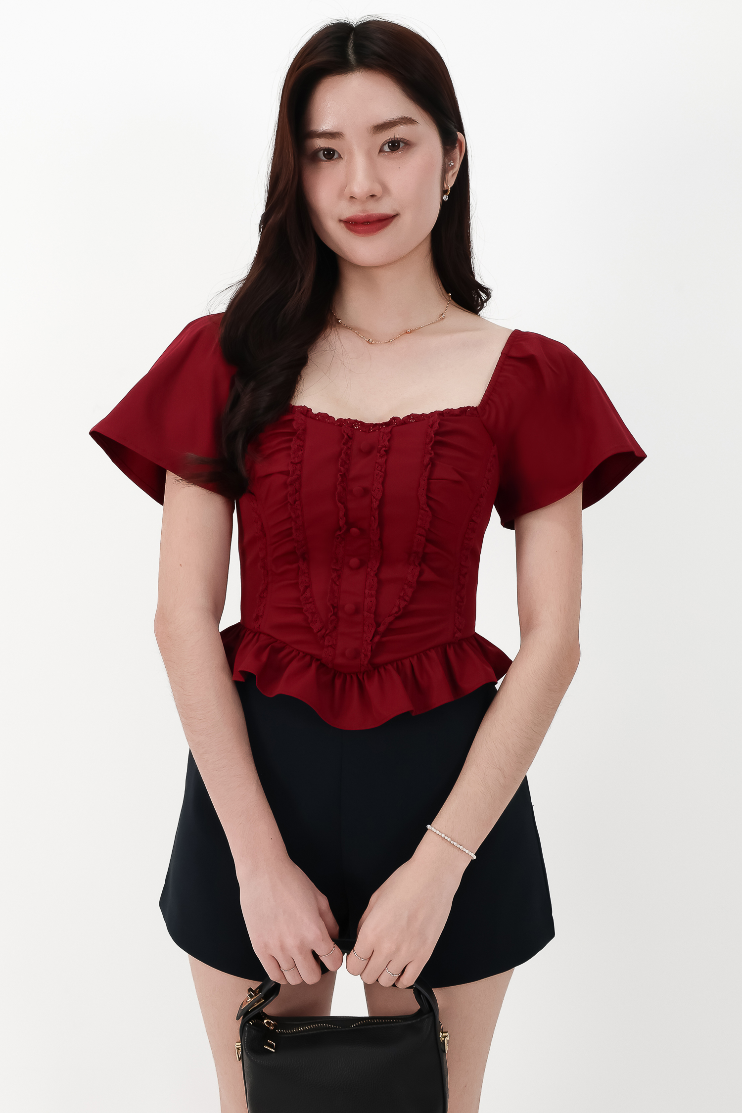 CNY2026 | Fora Flutter Sleeve Sweetheart Top in Dark Red | The Style Soirée